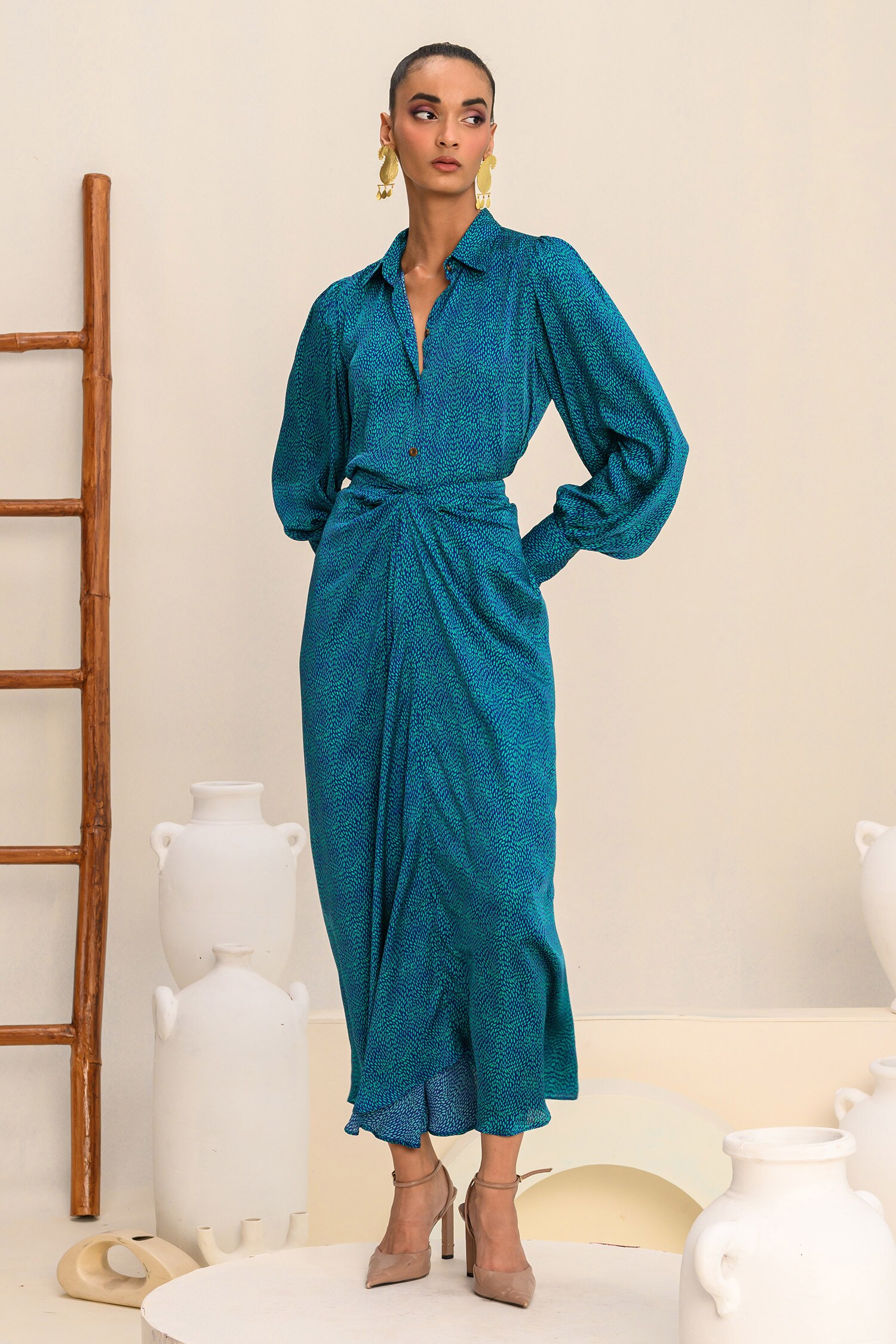 Buy Blue Silk Satin Printed Geometric Collar Shirt For Women by JUHI ...