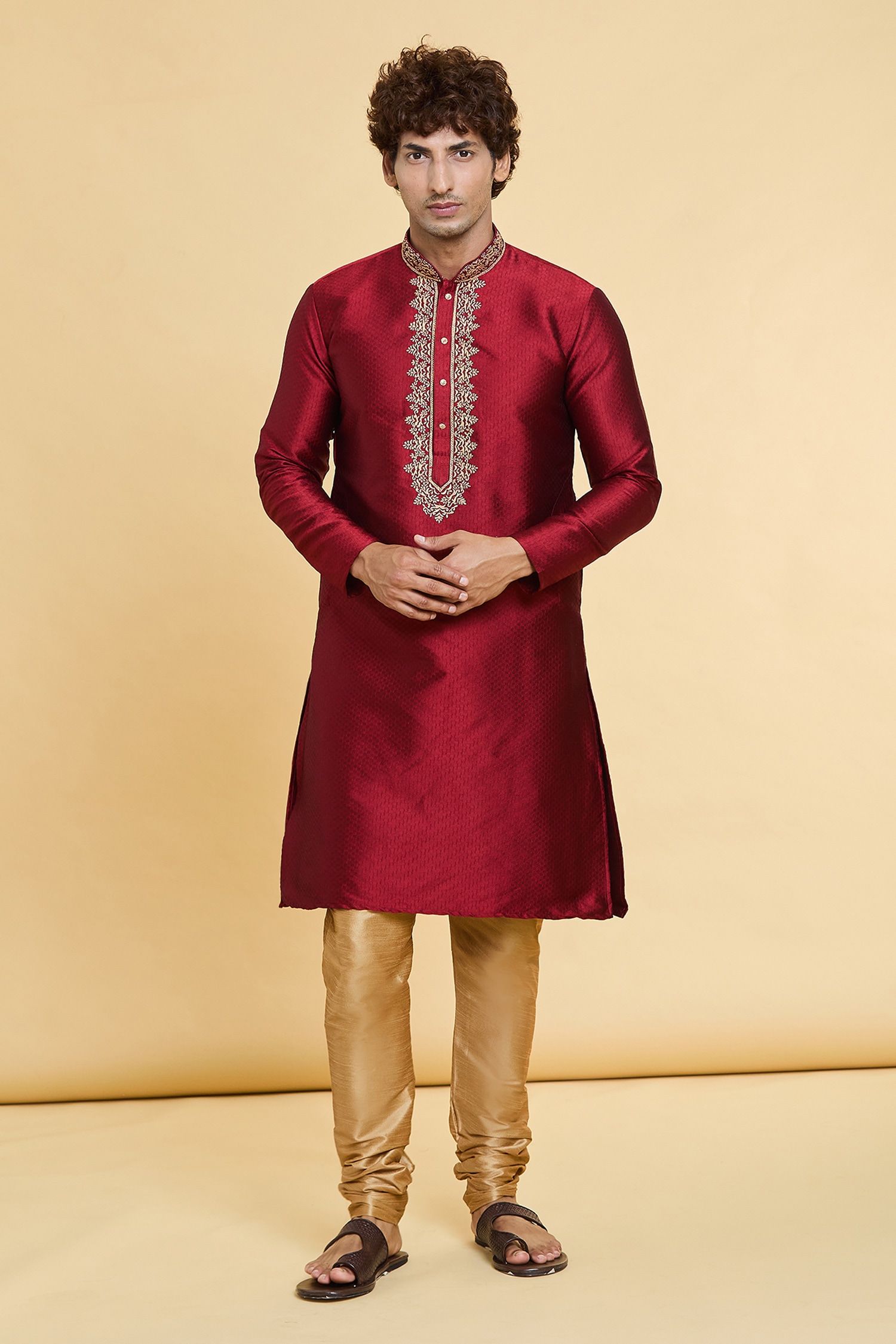 Buy Maroon Kurta Jacquard Art Silk Embroidered Placket Floret With ...