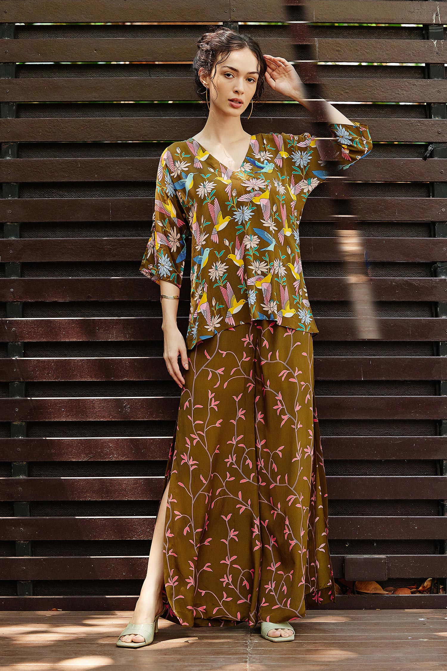 Buy Green Natural Crepe Printed Botanical V Neck Aviary Boxy Tunic With ...