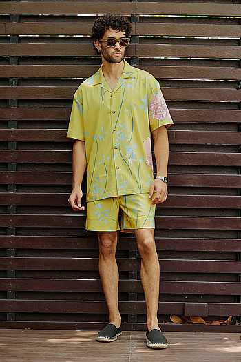 Buy Yellow Fluid Cotton Printed Blossom Sundaze Shirt With Shorts For ...