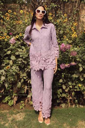 Buy Purple Cotton Lace Kaleidoscopic Collar Myra Mesh Floral Pattern ...
