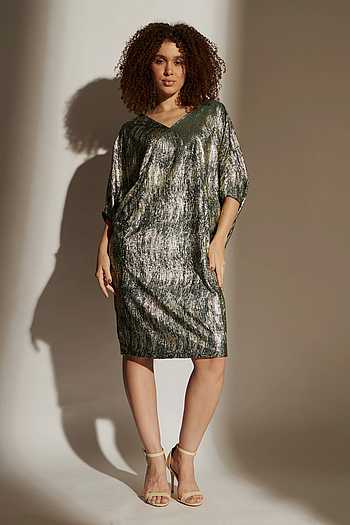 Buy Green Metallic V-neck Paris Charm Dress For Women by Tasuvure ...