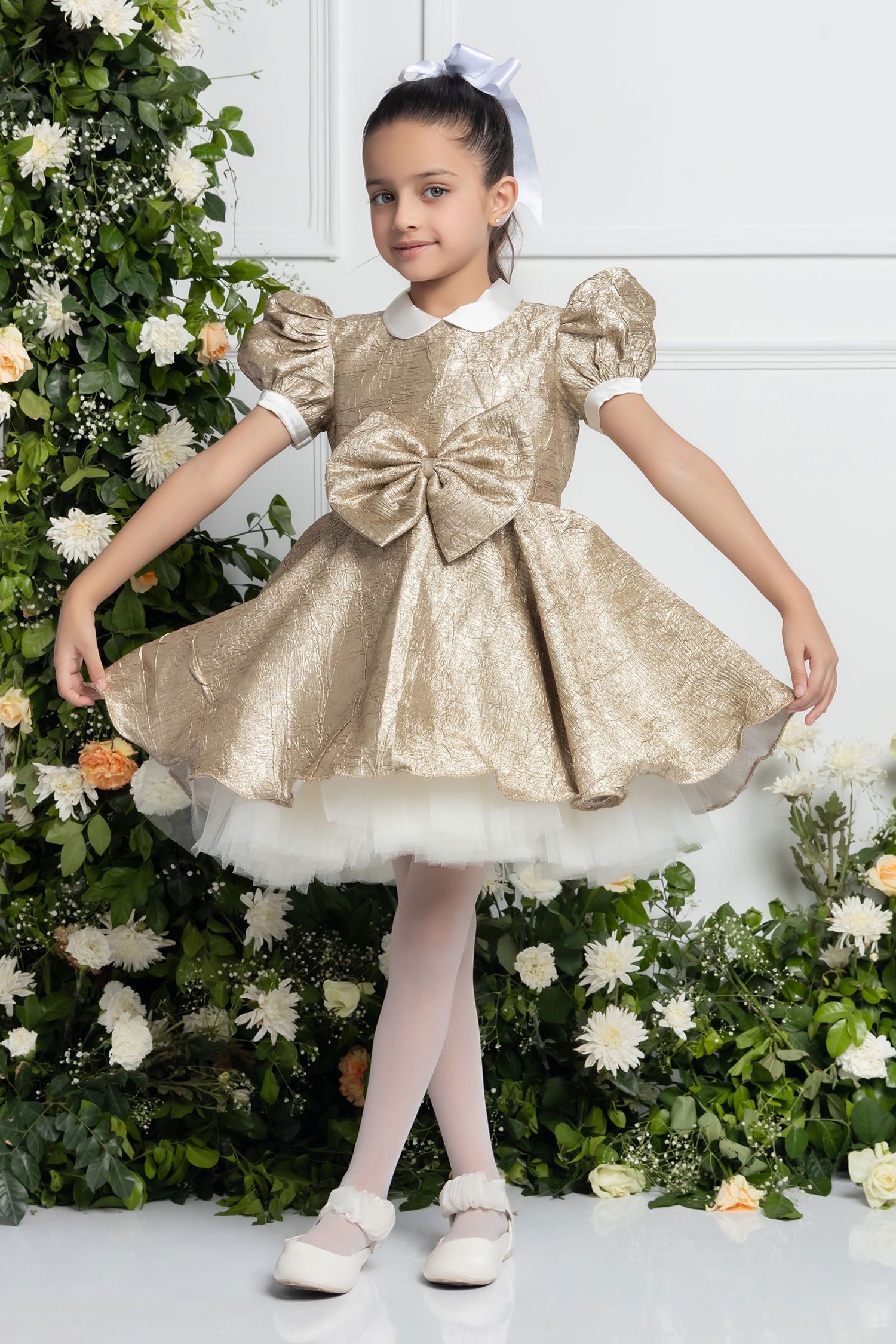 Buy Gold Jacquard Evelyn Shimmery Crumple Dress For Girls by The Pony ...