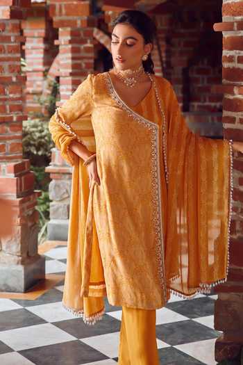 Buy Yellow Angrakha And Dupatta Georgette Embellished Drop Zahra ...