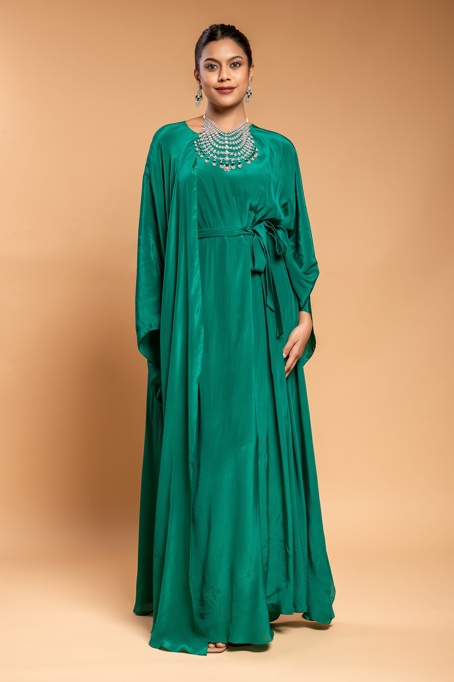Buy Green Natural Crepe Solid Round Draped Rope Kaftan For Women by ...