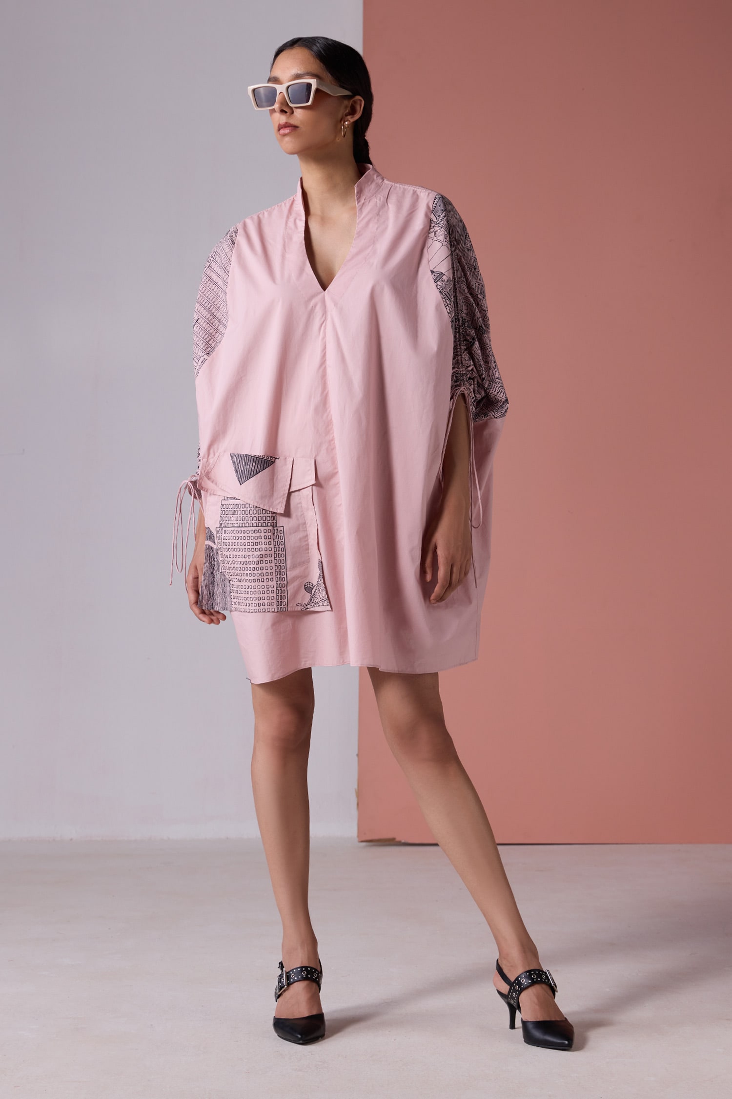 Buy Pink Cotton Printed London V Neck Short Dress For Women by JYOTI ...