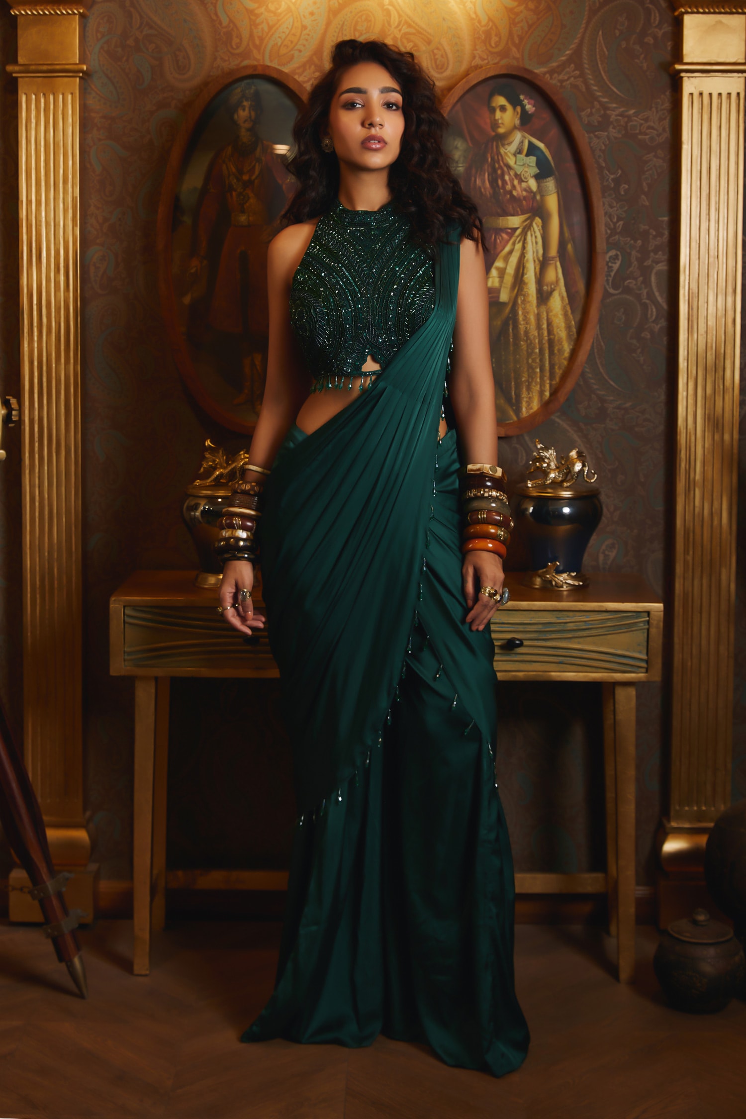 Buy Green Tulle Embroidered Sequin Halter Neck Pre-draped Sharara Saree ...