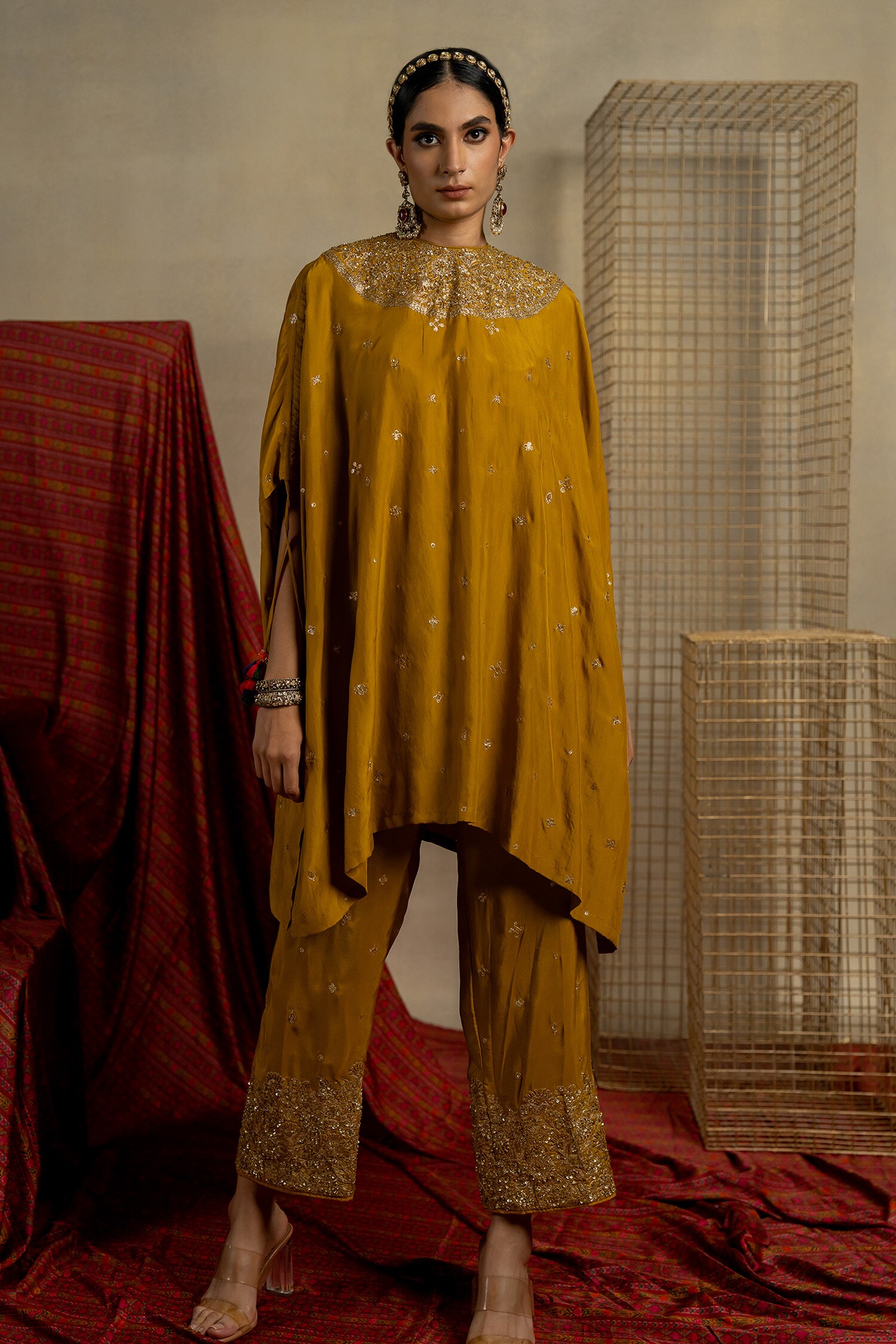 Buy Yellow Silk Embroidery Aari High Round Neck Butti Kaftan With Pant ...