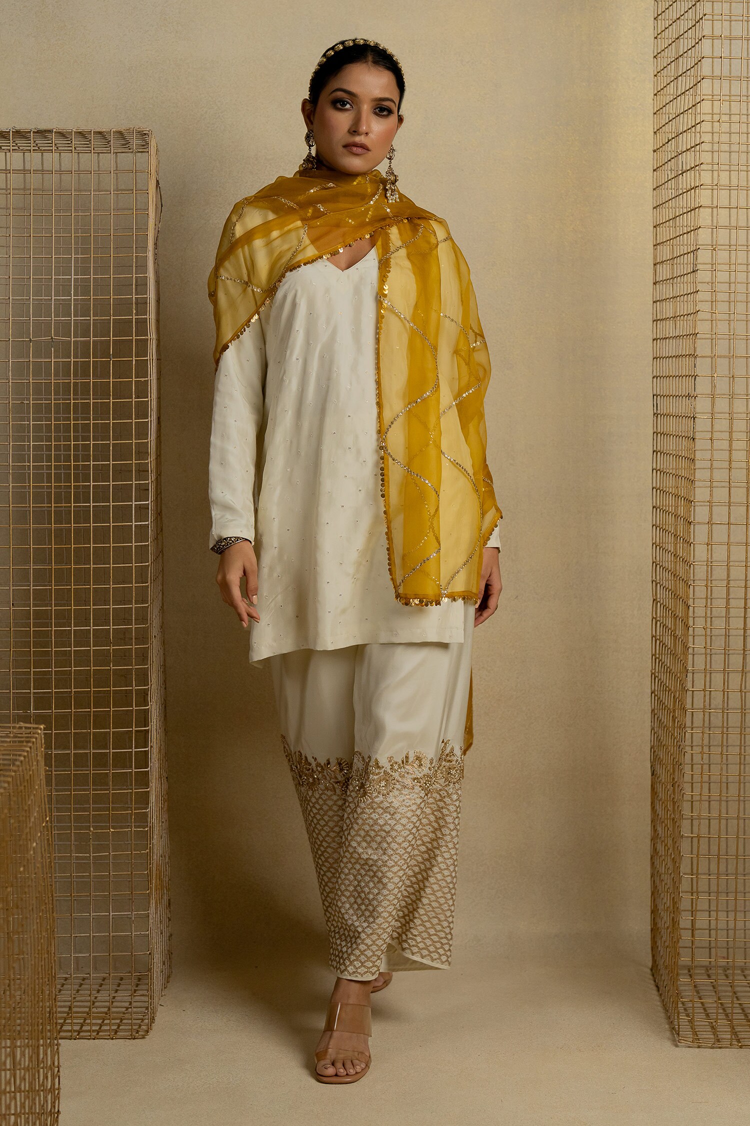 Buy White Silk Embroidery Aari V Neck Abil Kurta With Work Izzar Pant ...