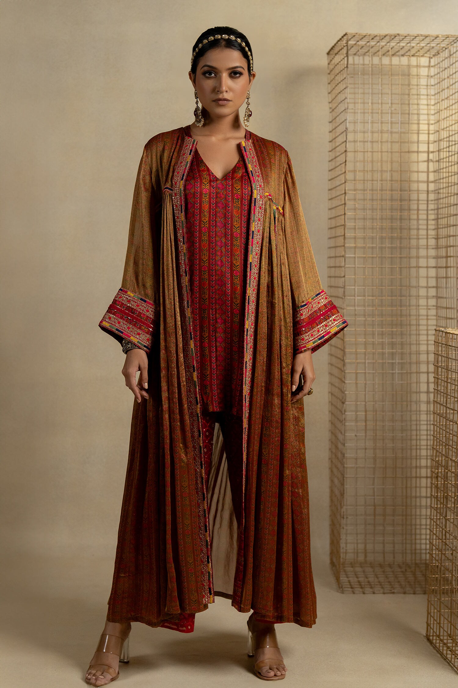 Buy Multi Color Tissue Print Aari Open Neck Bagh Butti Overlay For ...