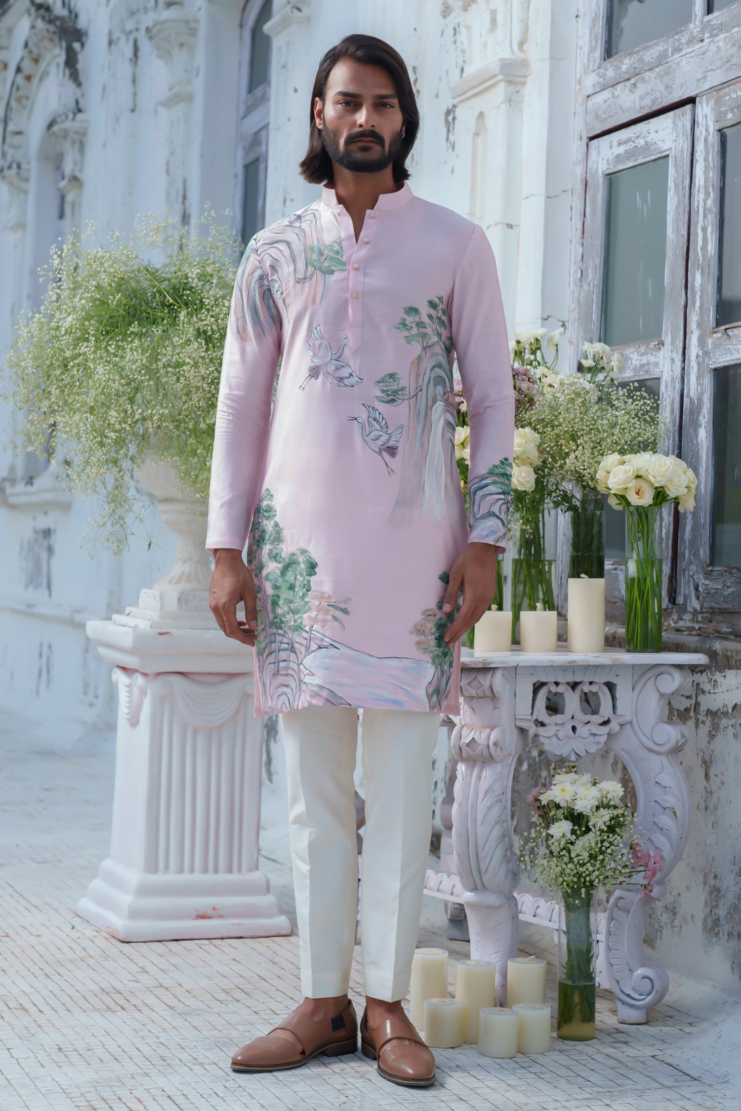 Buy Pink Kurta Cotton Blend Hand Painted Bird Set For Men by Amrit ...