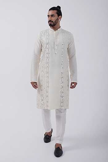 Buy Ivory Kurta Bam Silk Embellished Mirrorwork Wave With Pyjama For ...