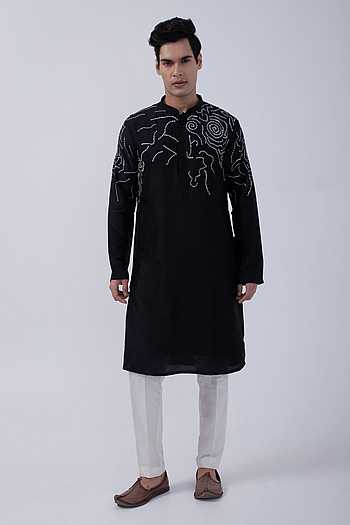 Buy Black Kurta Bam Silk Embroidered Thread And Pyjama Set For Men by ...