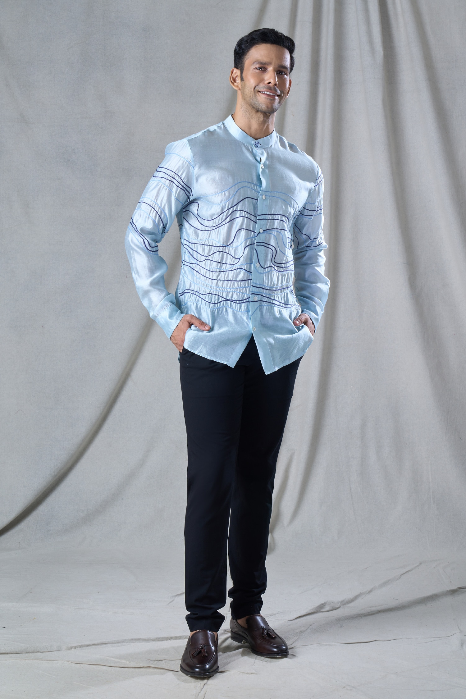 Buy Blue Organic Silk Hand Embroidery Thread Shirt For Men by Bhusattva ...