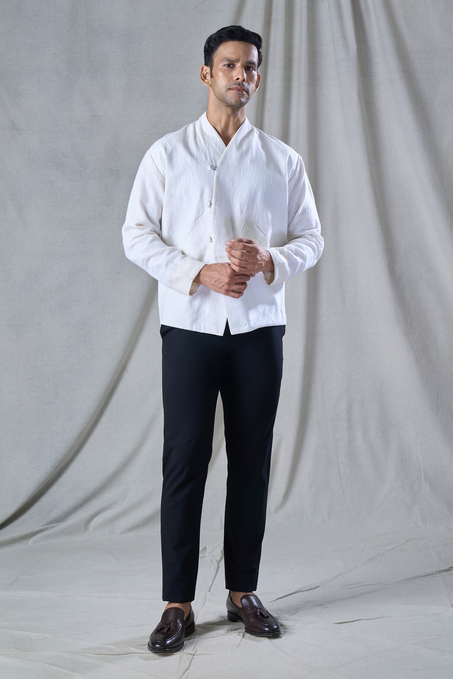 Buy White Organic Linen Overlapping Loop Button Jacket For Men by ...