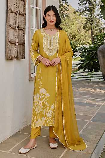 Buy Yellow Kurta Cotton Print Floral Round Straight Embroidered Yoke ...