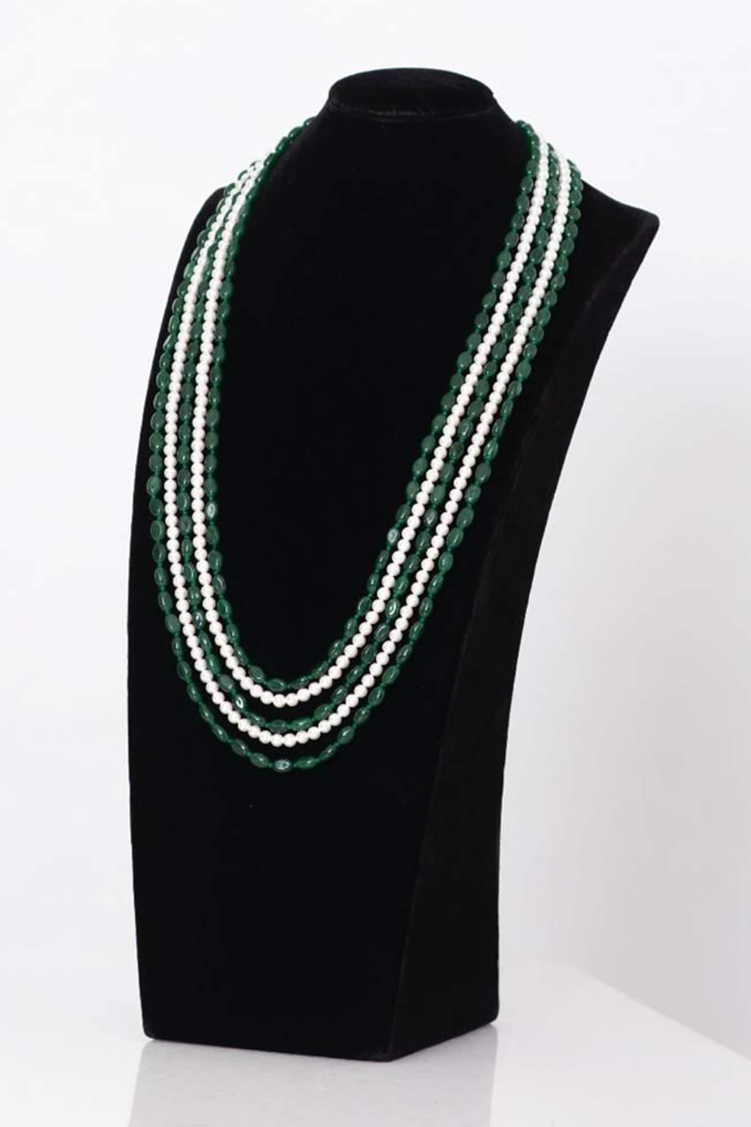 Buy Green Semi Precious Stone Five-layered And Pearl Maala For Men by ...