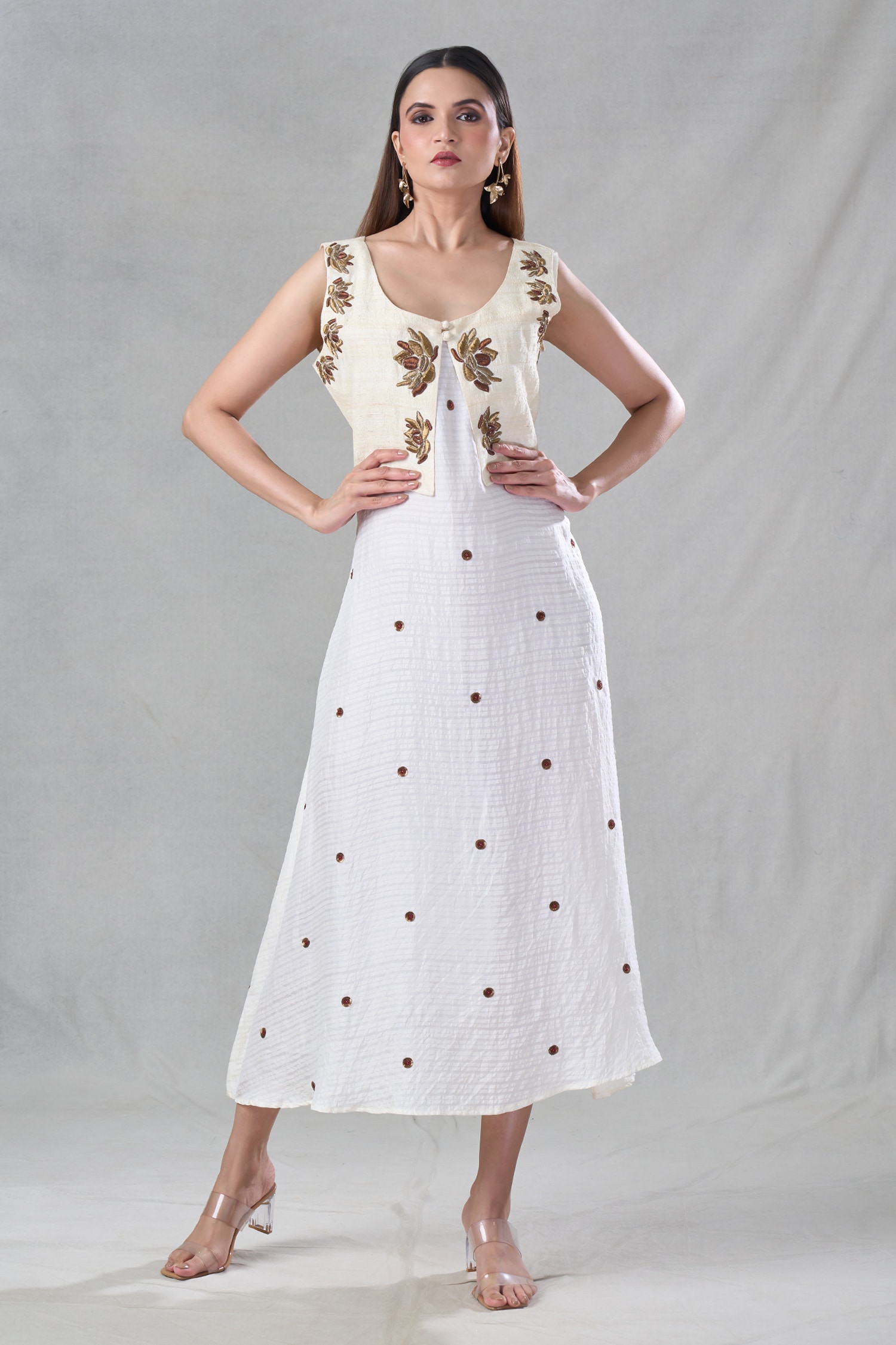 Buy Off White Organic Silk Embroidery Floral Round Jacket With Dress ...