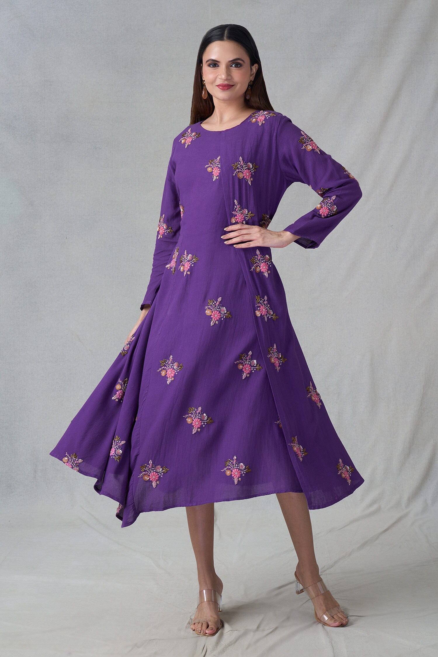 Buy Purple Organic Silk Embroidery Sequin Round Floral Thread Dress For ...