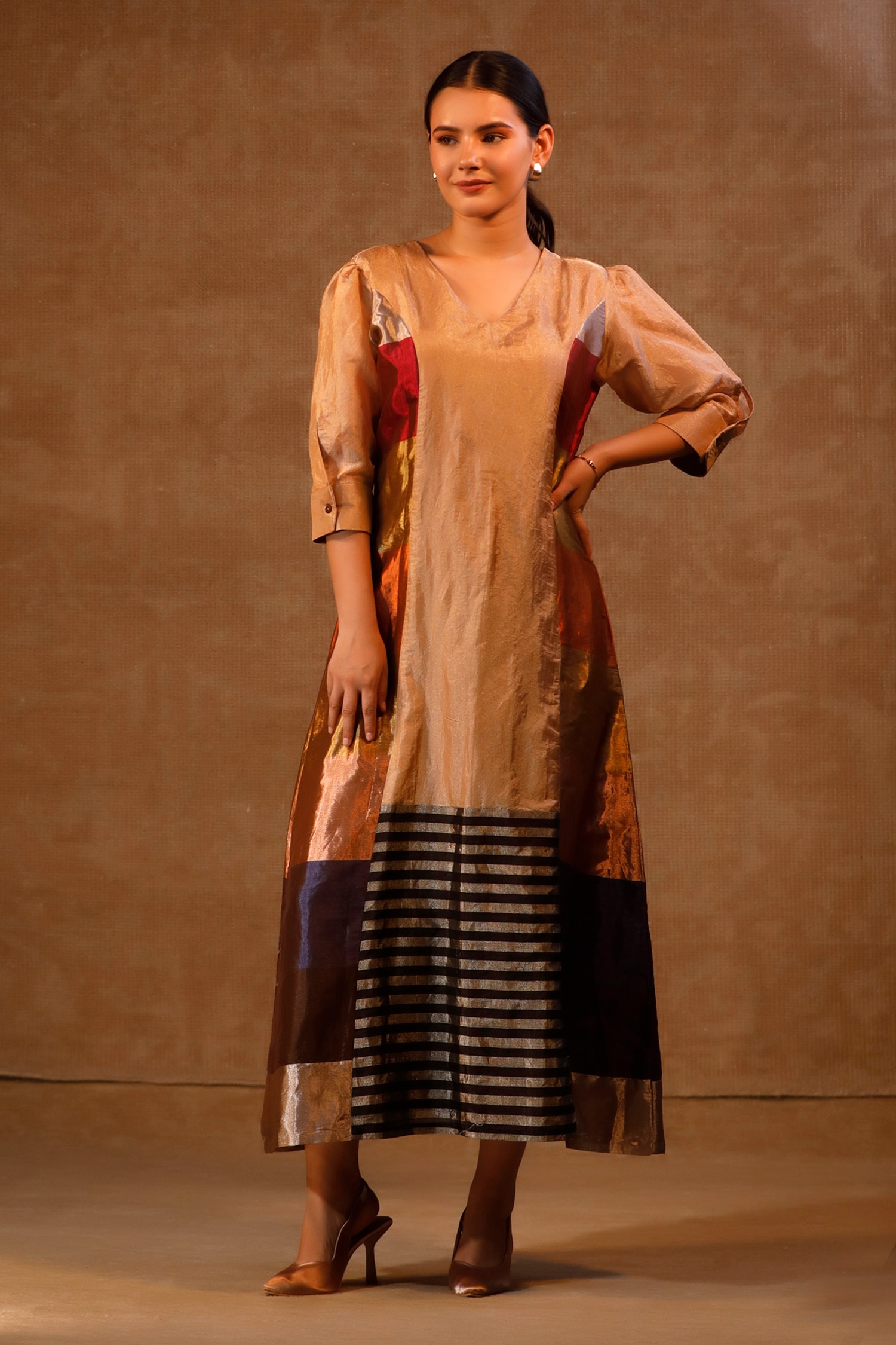 Buy Multi Color Kurta Silk Tissue V Neck Blocked Midi Dress For Women ...