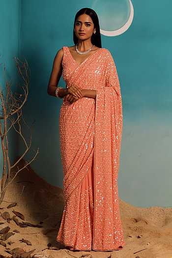 Buy Peach Pure Georgette Embroidered Sequin V-neck Fan Pattern Saree ...