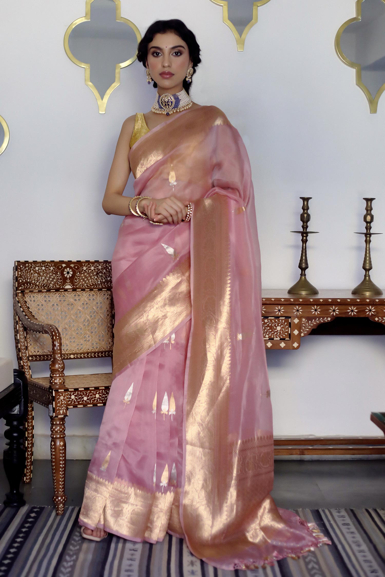 Buy Pink Kora Silk Woven Floral Butti Saree With Running Blouse Piece ...