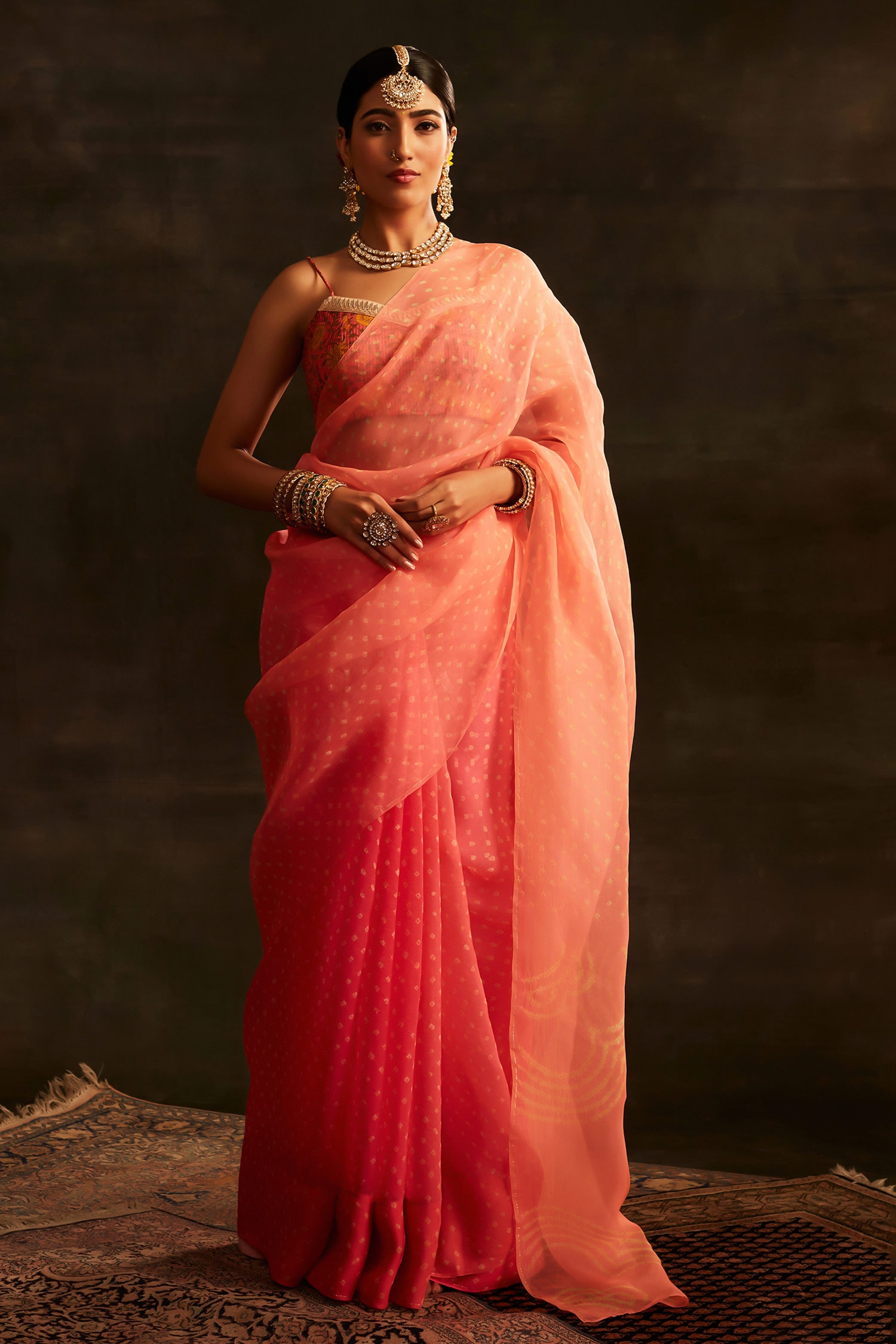 Buy Coral Organza Bandhani Scatter Saree With Running Blouse Piece For ...