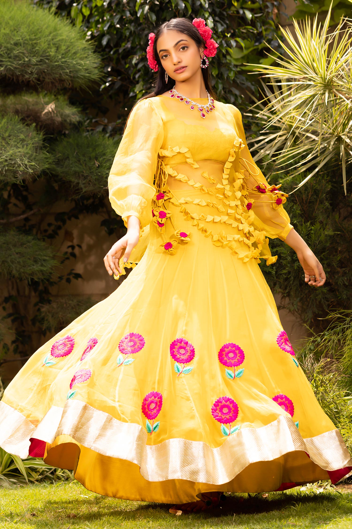 Buy Yellow Organza Embroidered Thread Kurta Round Blossom Neck Lehenga