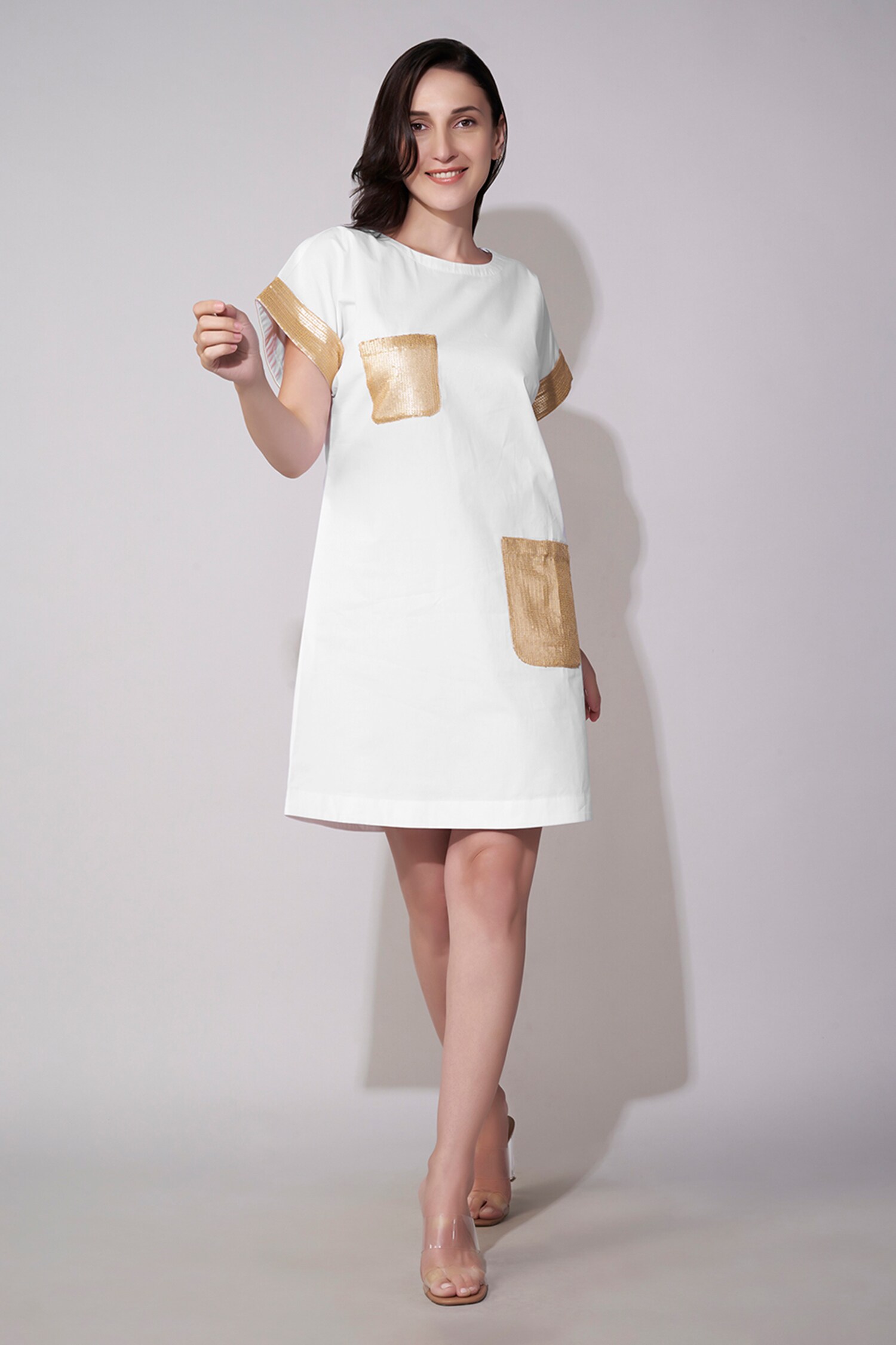 Buy White 100% Cotton Embellished Sequin Round Neck Pocket Mini Dress ...