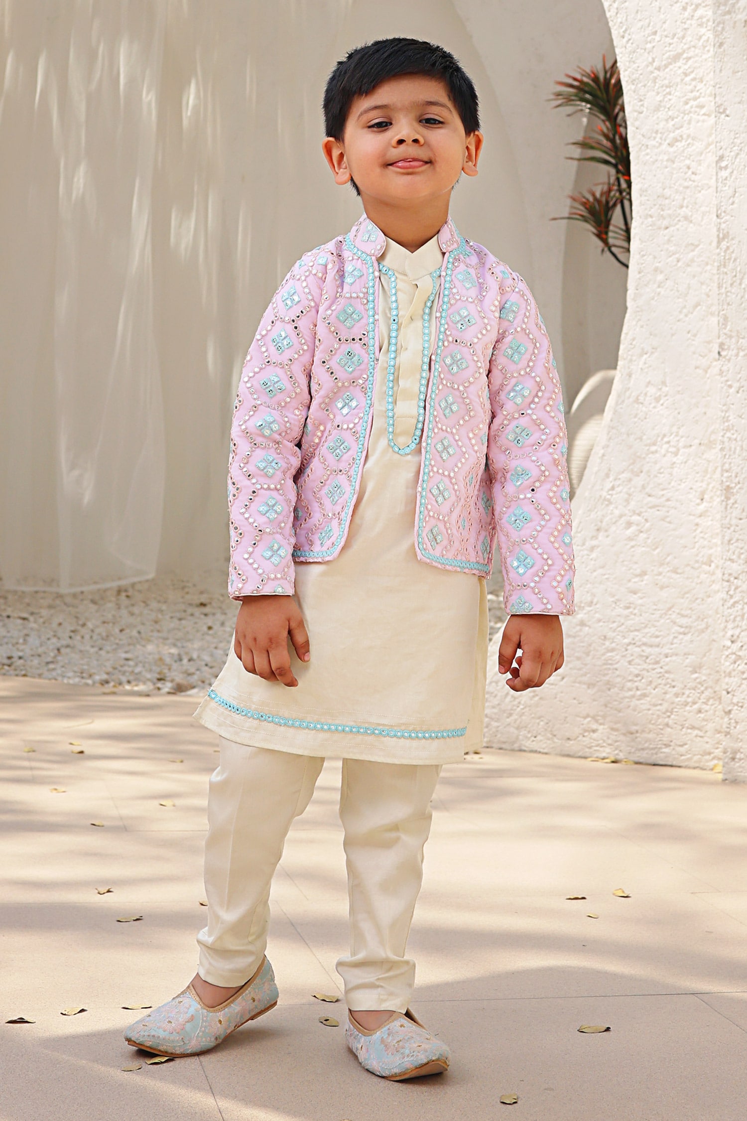 Buy Pink Georgette Embroidered Mirror Jacket With Kurta Set For Boys by ...
