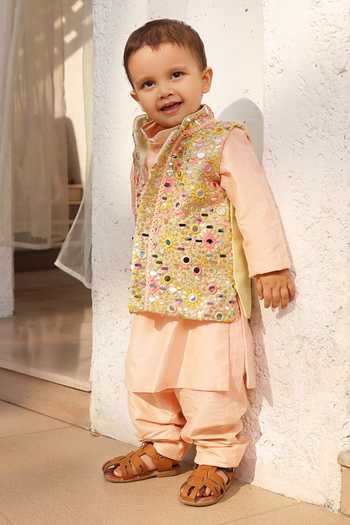 Buy Peach Georgette Embroidered Mirror Jacket Pant Set For Boys by ...
