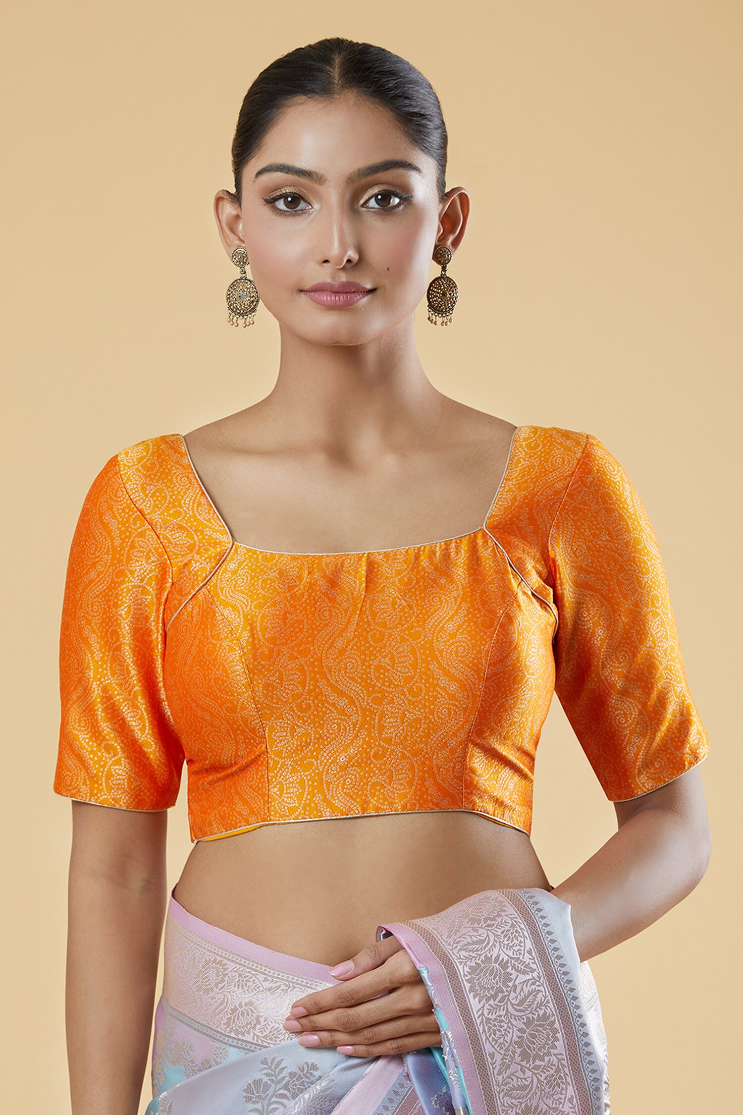 Buy Yellow Brocade Woven Zari Square Flower Motif Saree Blouse For ...