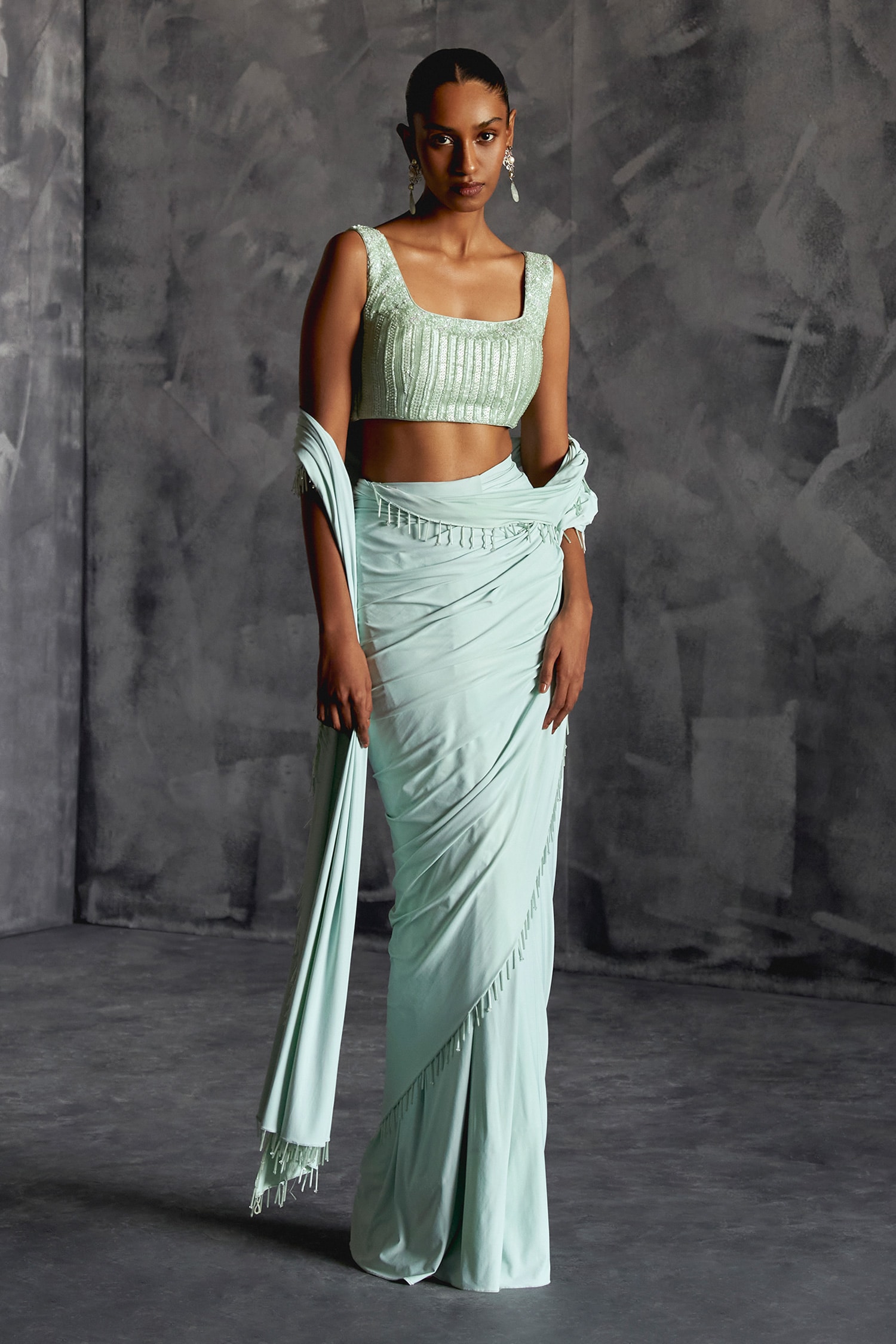 Buy Blue Raw Silk Nalki Tassel Embellished Border Pre-draped Saree With ...