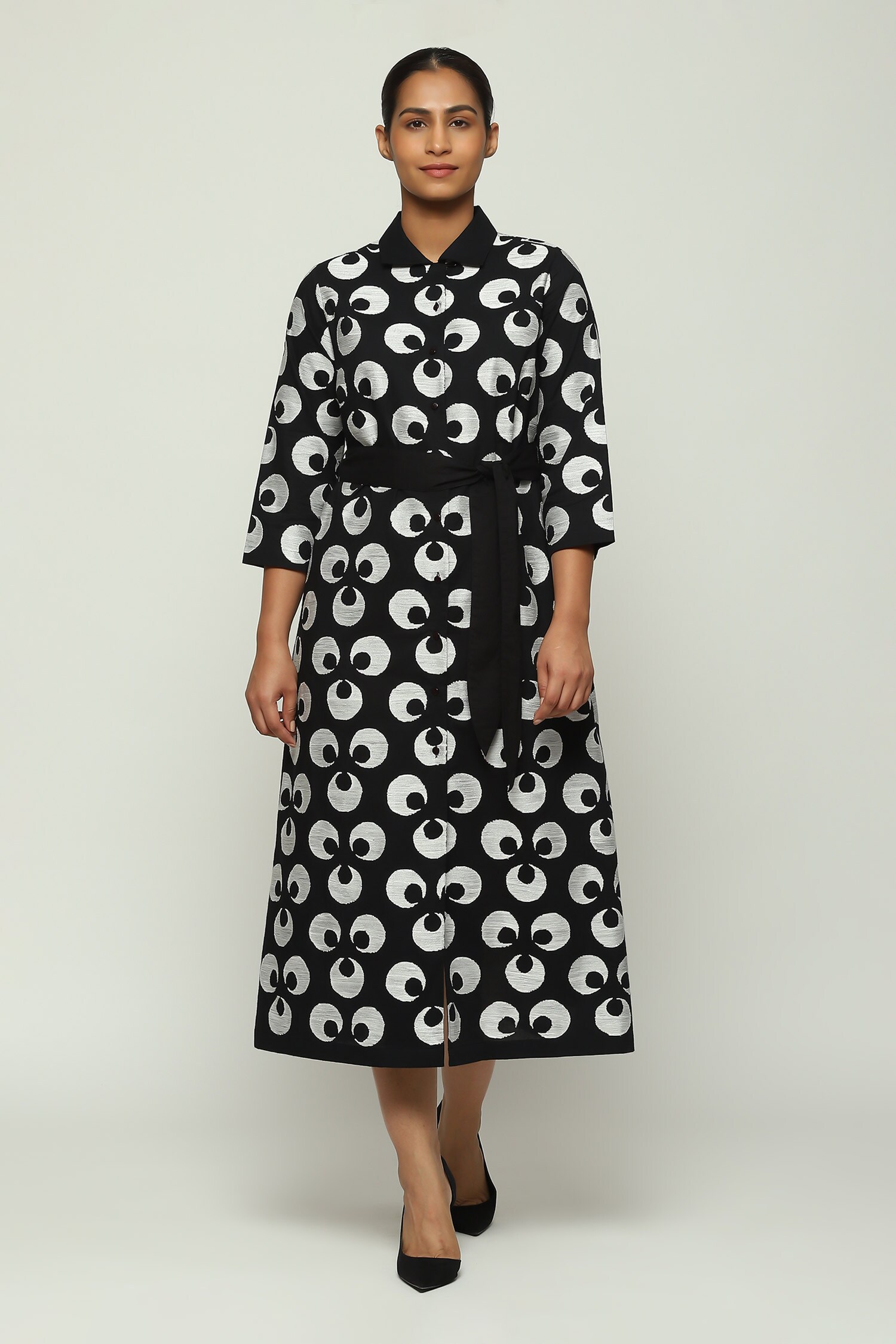 Buy Black 100% Cottopn Compact Voile Collared Ottoman Moon Pattern Midi ...