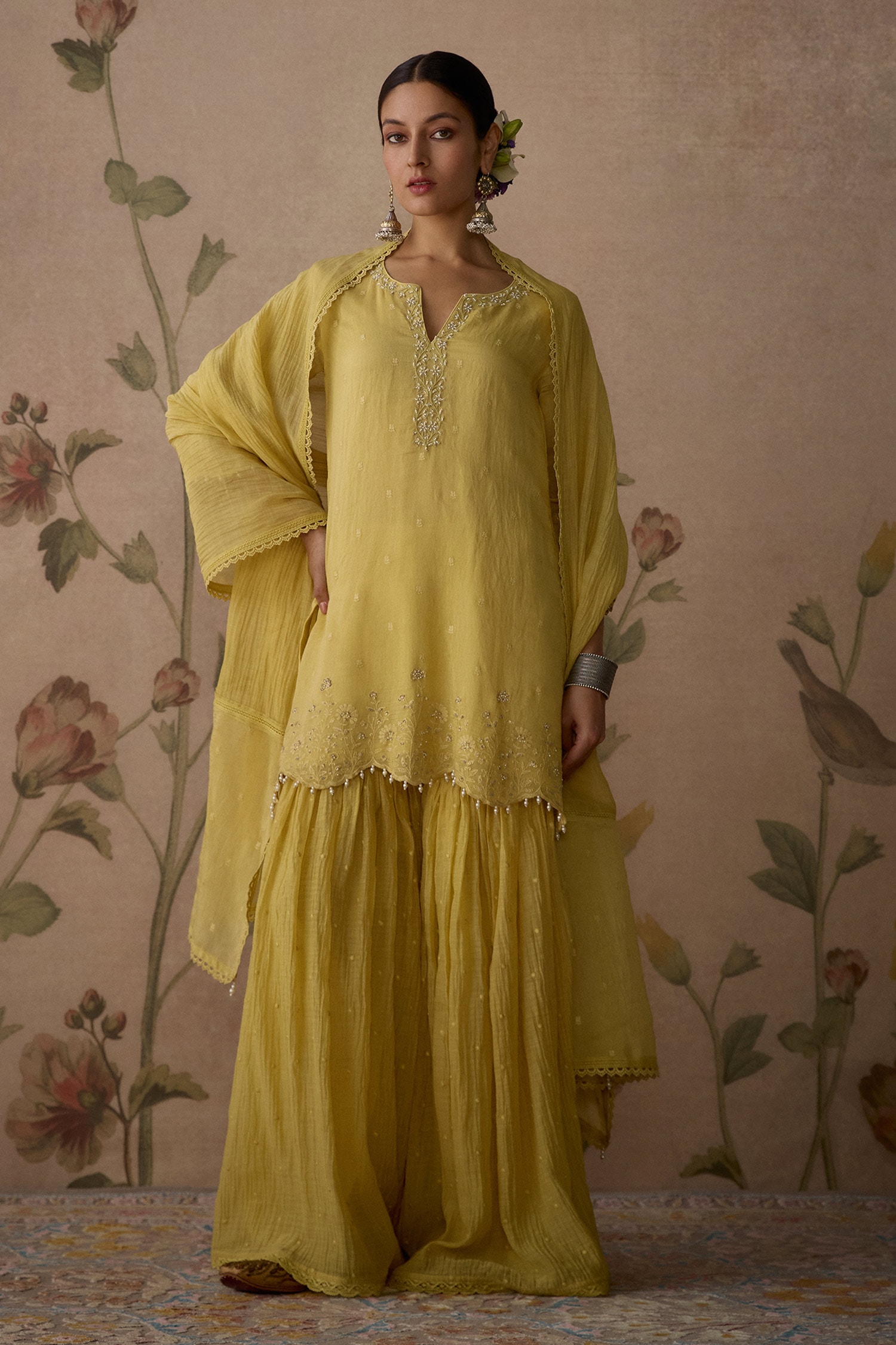 Buy Yellow Chanderi Embroidered Floral Notched Short Kurta Gharara Set ... Buy Yellow Chanderi Embroidered Floral Notched Short Kurta Gharara Set ...