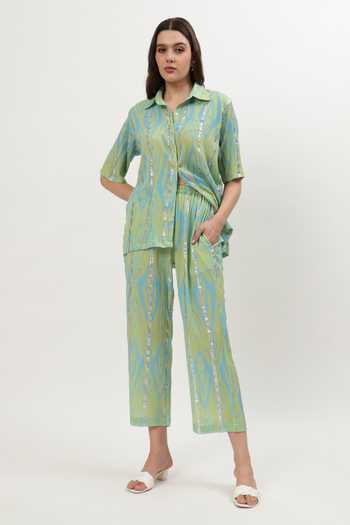 Buy Green Cotton Crepe Print Ikat Collared Neck Janet Shirt For Women ...