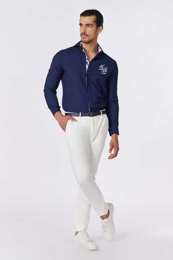 Buy Blue Terylene Embroidered Thread Solid Full Sleeve Shirt For Men by ...