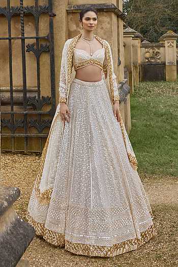 Buy Ivory Net Embroidery Pearl Sweetheart Neck Work Bridal Lehenga ...