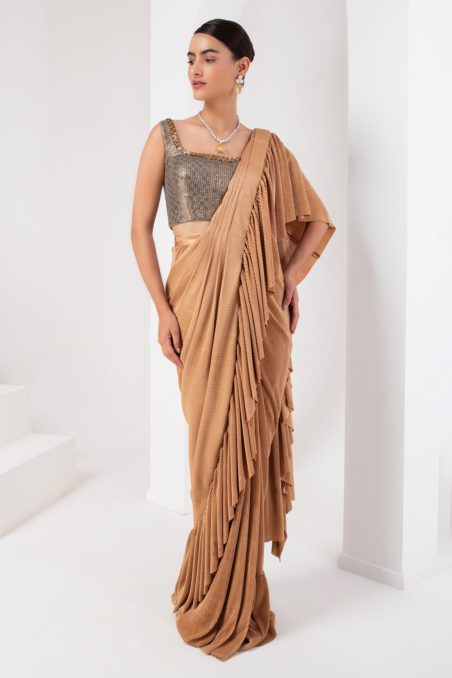 Buy Grey Crepe Blend Embroidery Sequin Pleated Pre-draped Ruffle Saree ...
