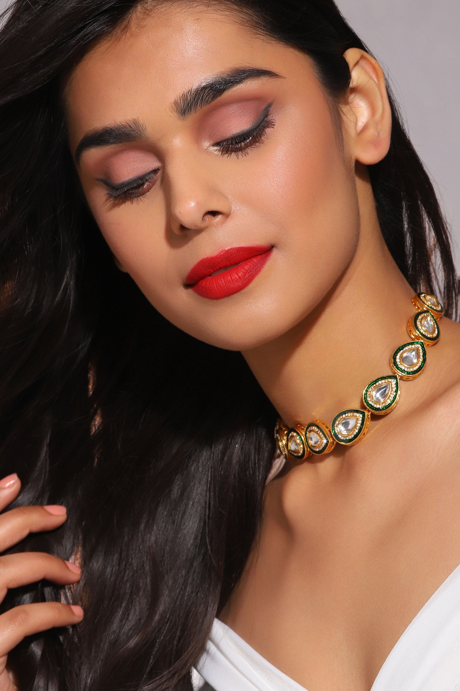 Buy Green Kundan Glorius Teardrop Necklace by Ruby Raang Online at Aza ...