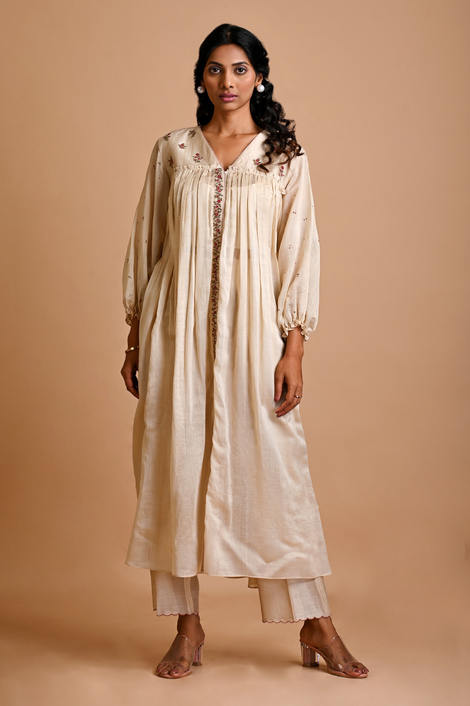 Buy Ivory Silk Chanderi Embroidered Thread V Neck Pleated Tunic With ...