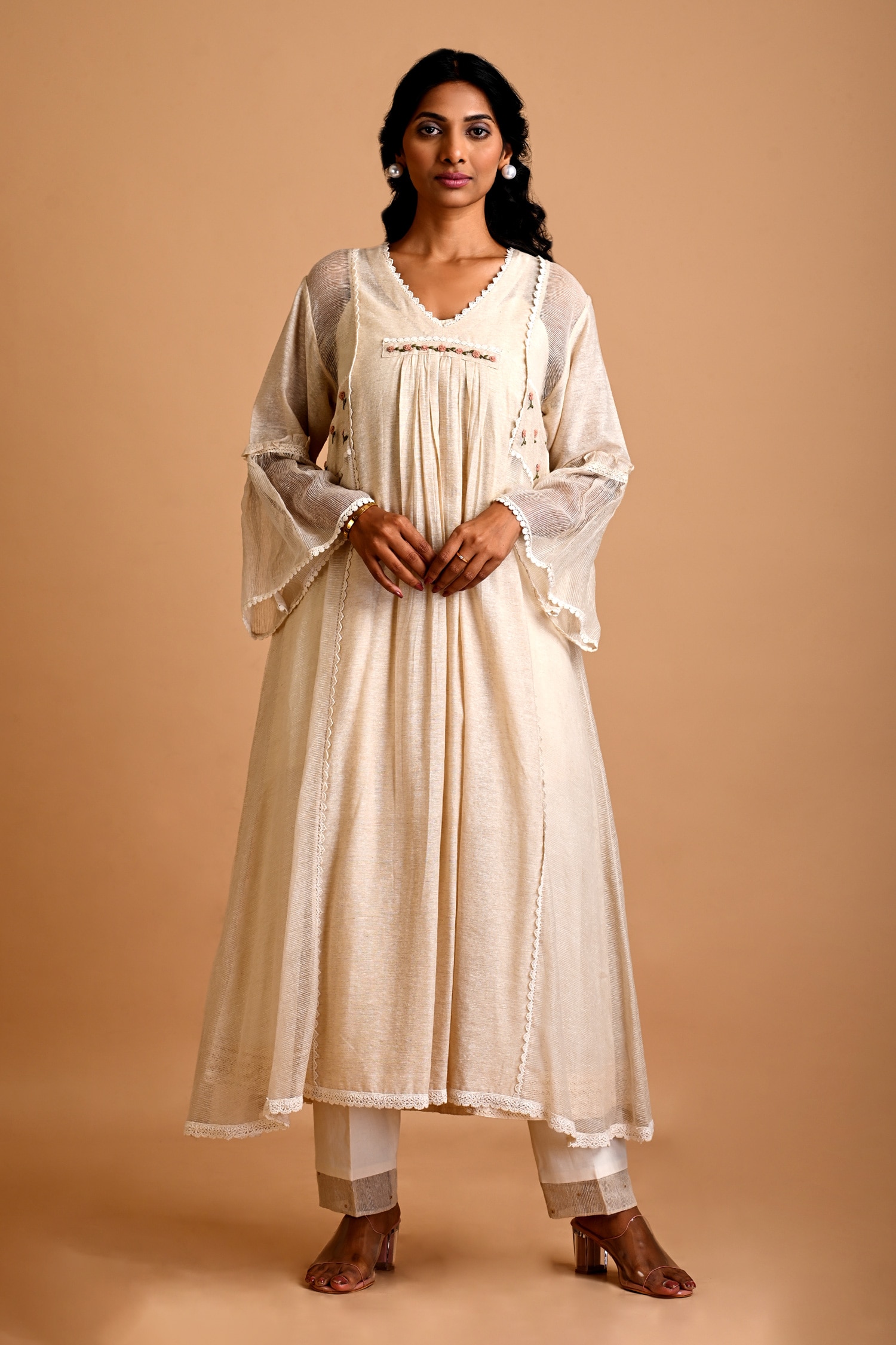 Buy Ivory Jute Silk Embroidered Thread V Neck Tunic With Inner For ...