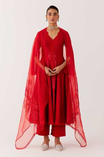 Buy Red Silk Chanderi Embroidered Dori Leaf Work Screen Print Anarkali ...