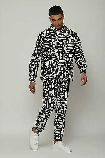 Buy White Cotton Hand Block Print Calligraphy Jacket For Men by Abraham ...