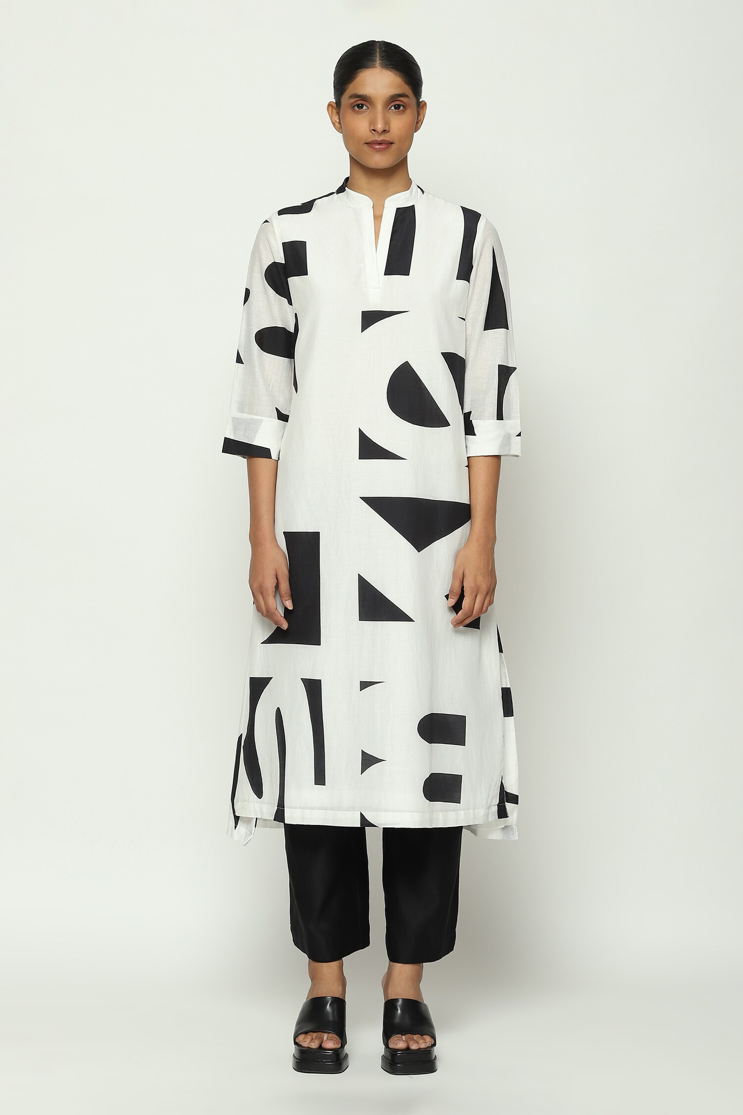 Buy White Silk Print Calligraphy Mandarin Collar Oversized Kurta For ...