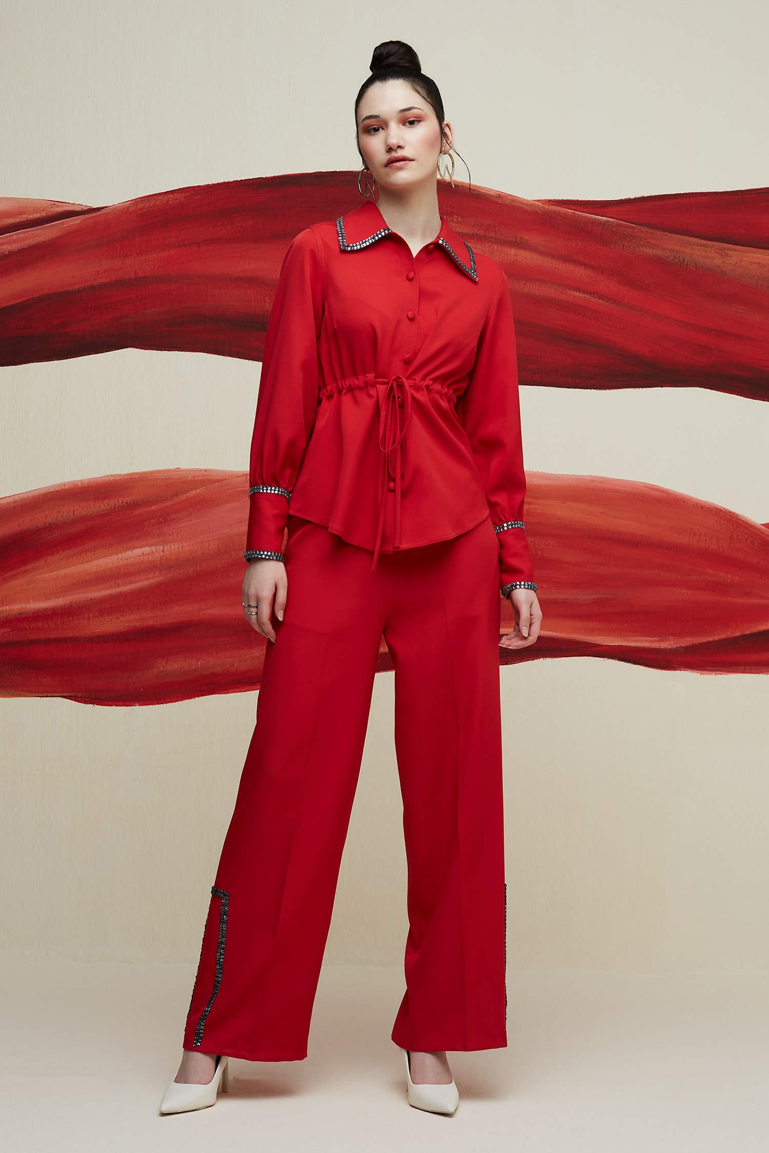 Buy Red Luxury Crepe Embellished Stone Collar Dear Donna Top With Pant ...