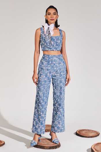 Buy Blue Denim Embroidered Sequins Square All About You Top And Pant ...