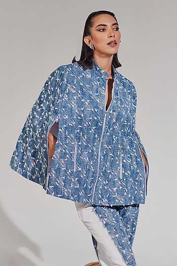 Buy Blue Denim Embroidered Sequins Mandarin Passion Cape For Women by ...