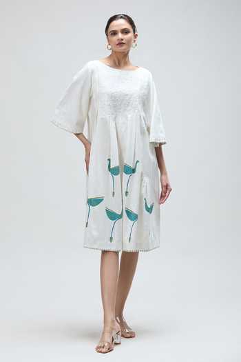 Buy White Handwoven Pure Cotton Printed Peacock Boat Neck Dove Flared ...