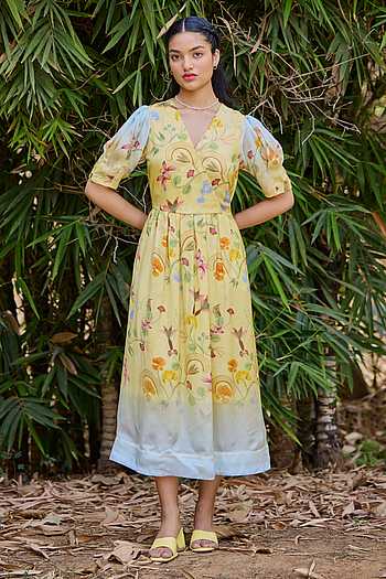 Buy Yellow Vegan Silk Satin Print Floral V-neck Malta Wrap Dress For ...